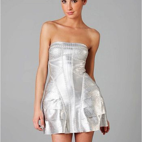 Herve Leger | Dresses | Herve Leger Silver Metallic Strapless Mini ...